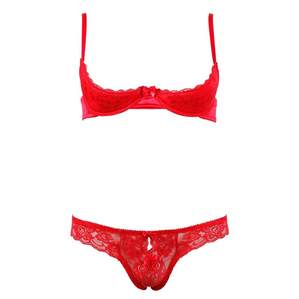 Sexy Red Shelf Bra Set Womens Lace Lingerie Set Push Up 1/4 Shelf Bra