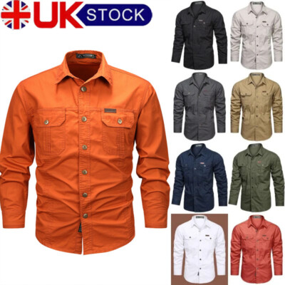 Men Tops Long Sleeve Cargo Shirt Mens Lapel Neck Hiking Casual Single ...