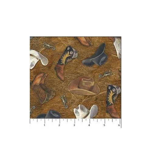Country Western Fabric - Wild & Free Cowboy Boot Hat Toss Brown ...