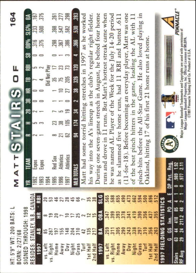 1998 Score Oakland Athletics Baseball Card #164 Matt Stairs | eBay