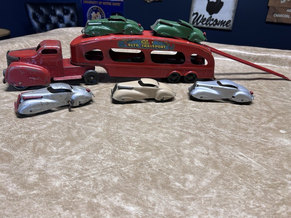 Vintage Marx Auto Deluxe Transport Truck & Trailer Toy with 7 Cars ...