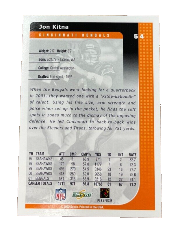 2002 SCORE CARD # 54 Jon Kitna - Cincinnati Bengals | eBay