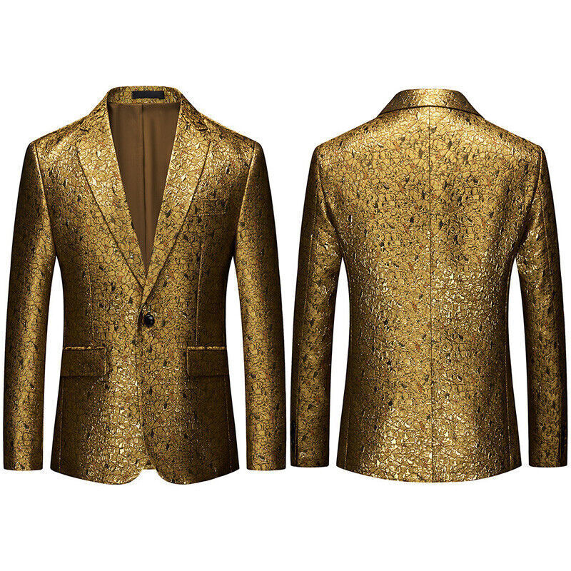 Men One Button Suit Golden Blazer Dress Jacket Formal Party Prom Dance ...
