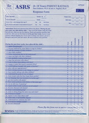 ASRS Parent Ratings Response Form 6-18 Years Package of 25 | eBay