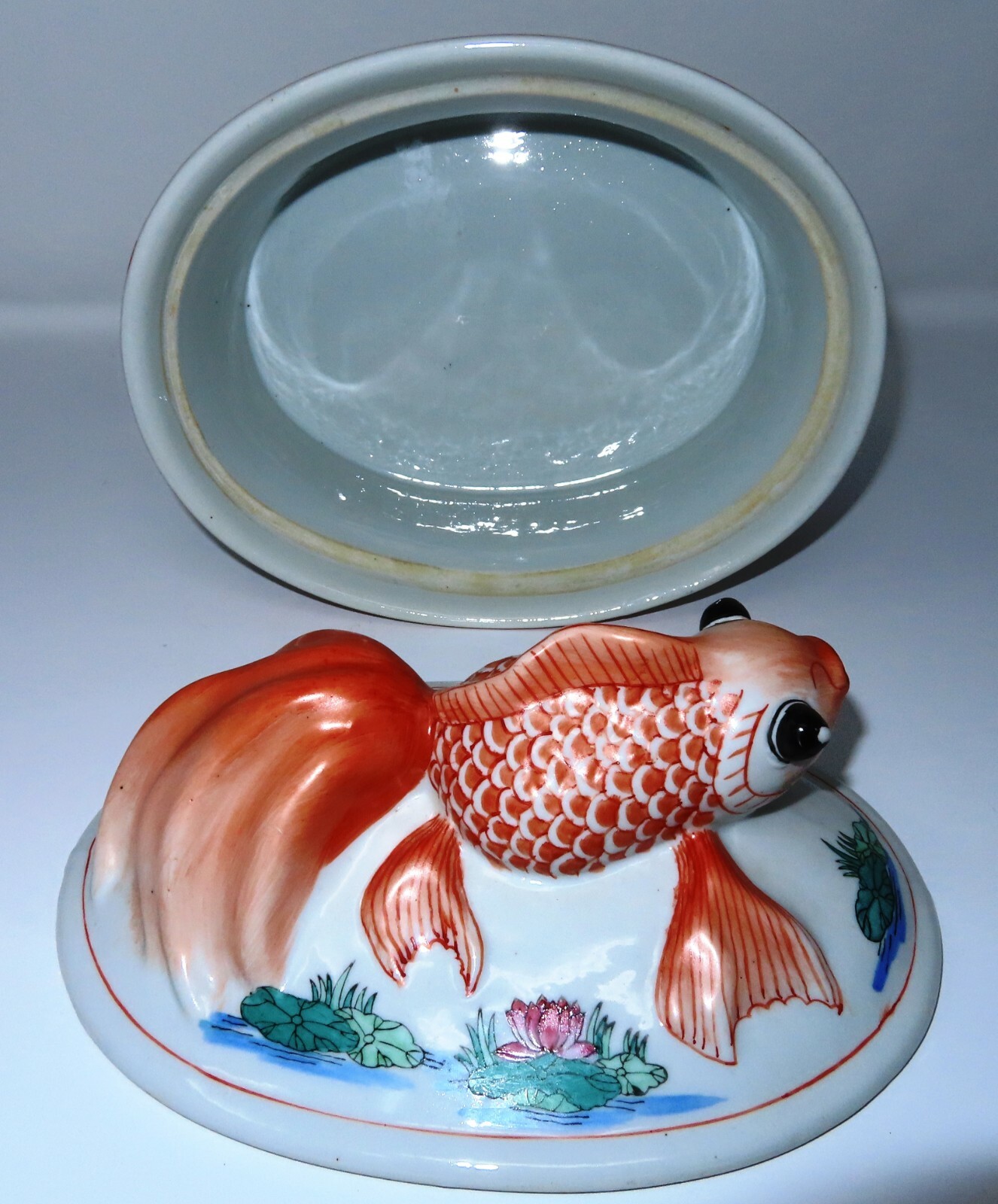 A LARGE Asian Covered Serving Dish, Fancy Goldfish & Koi Design 9 ...