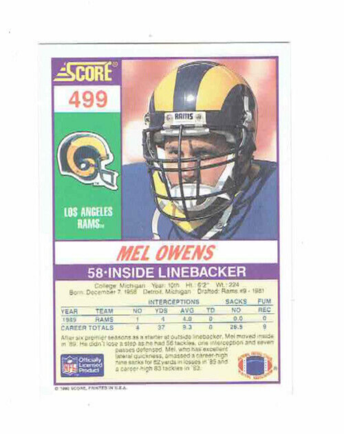 Mel Owens Los Angeles Rams #58 Linebacker #499 Score 1990 Football Card ...