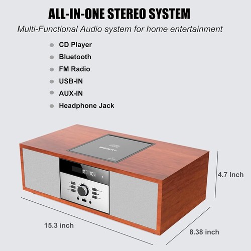 Vintage Style Home CD Player with Bluetooth, FM Radio, USB Port Brown ...