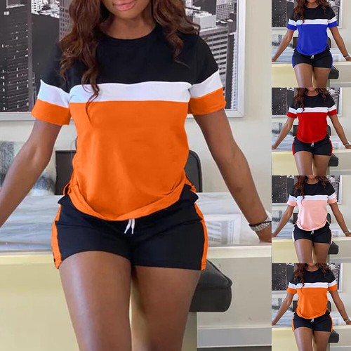Women Color Block Tracksuit T-Shirt Shorts Sports Jogging Loungewear ...