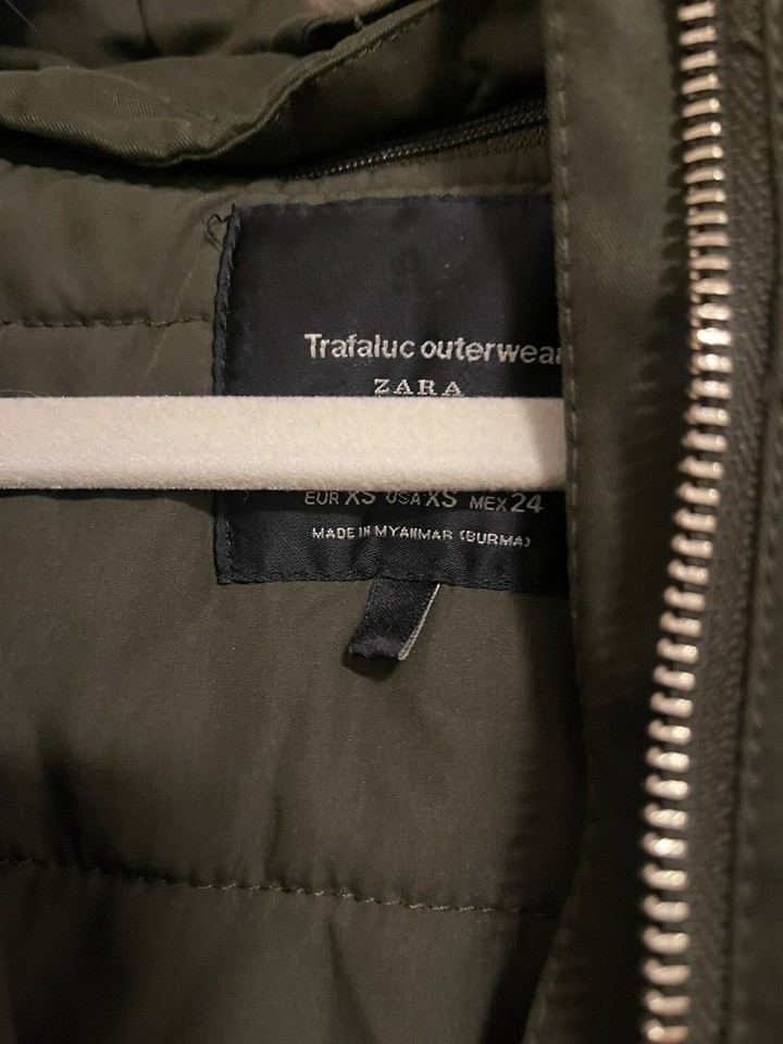 Zara Outerwear Puffer Parka Olive Green XS Faux Fur Hood | eBay