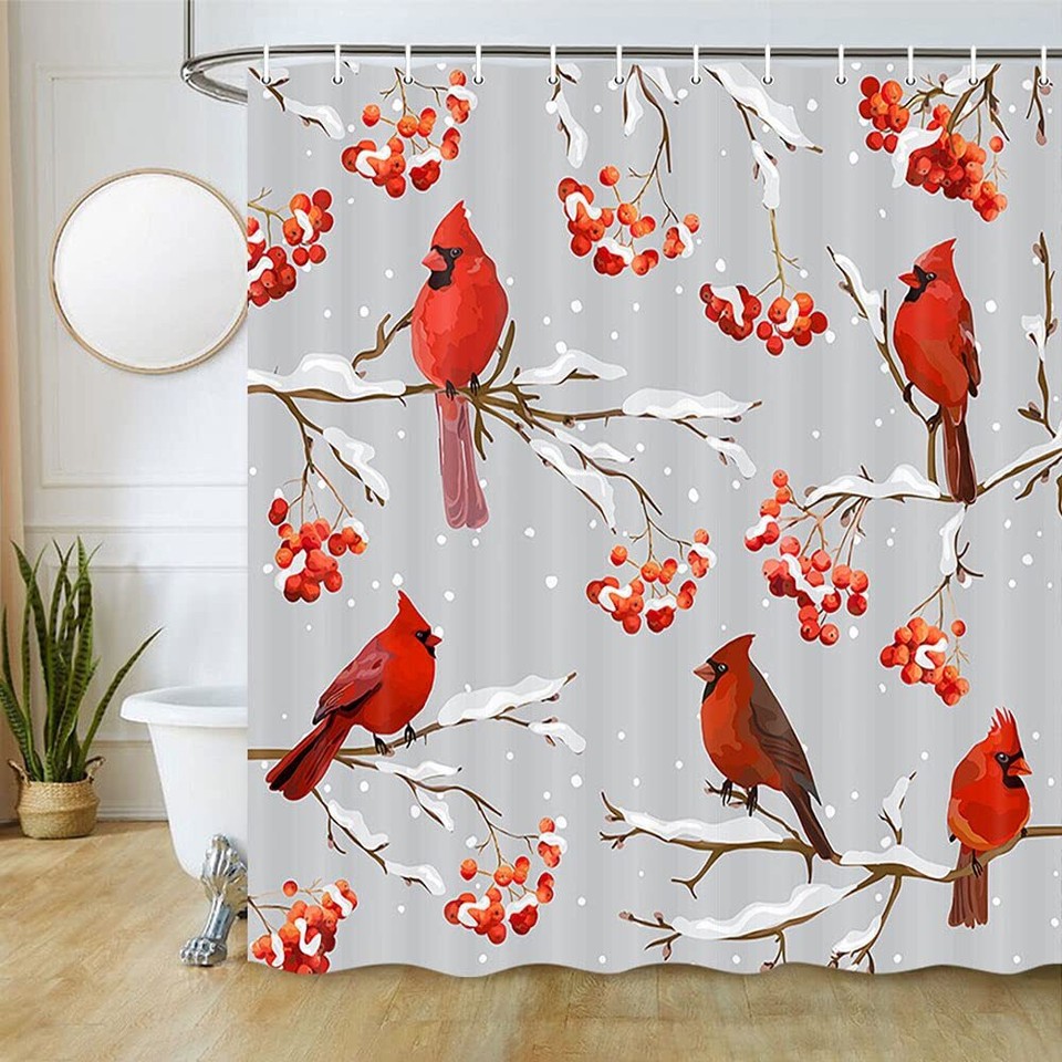 Christmas Cardinal Fabric Shower Curtain Red Bird Cardinal on Branch ...