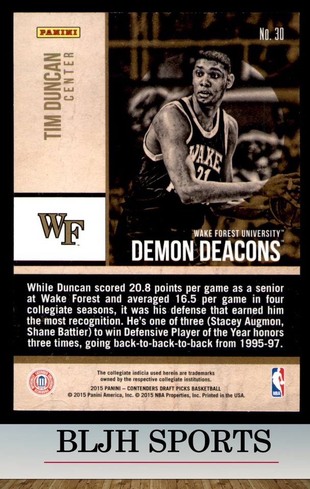 2015 Panini Contenders #30 Tim Duncan Wake Forest Demon Deacons (2K6 ...
