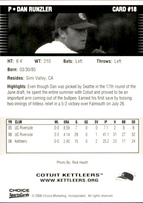 2006 Cotuit Kettleers Choice #18 Dan Runzler Simi Valley California CA ...