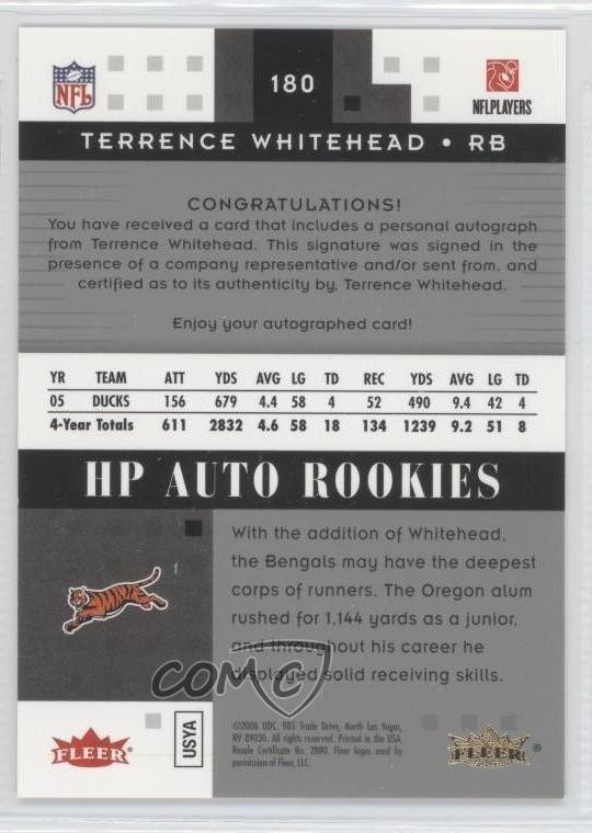2006 Fleer Hot Prospects HP Rookies /299 Terrence Whitehead Rookie Auto ...