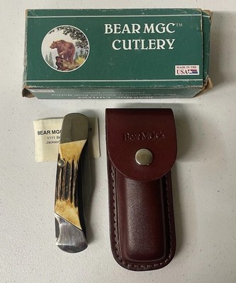 Bear Mgc Single Blade Damascus Hunter Lockback Folding Knife New in Box ...