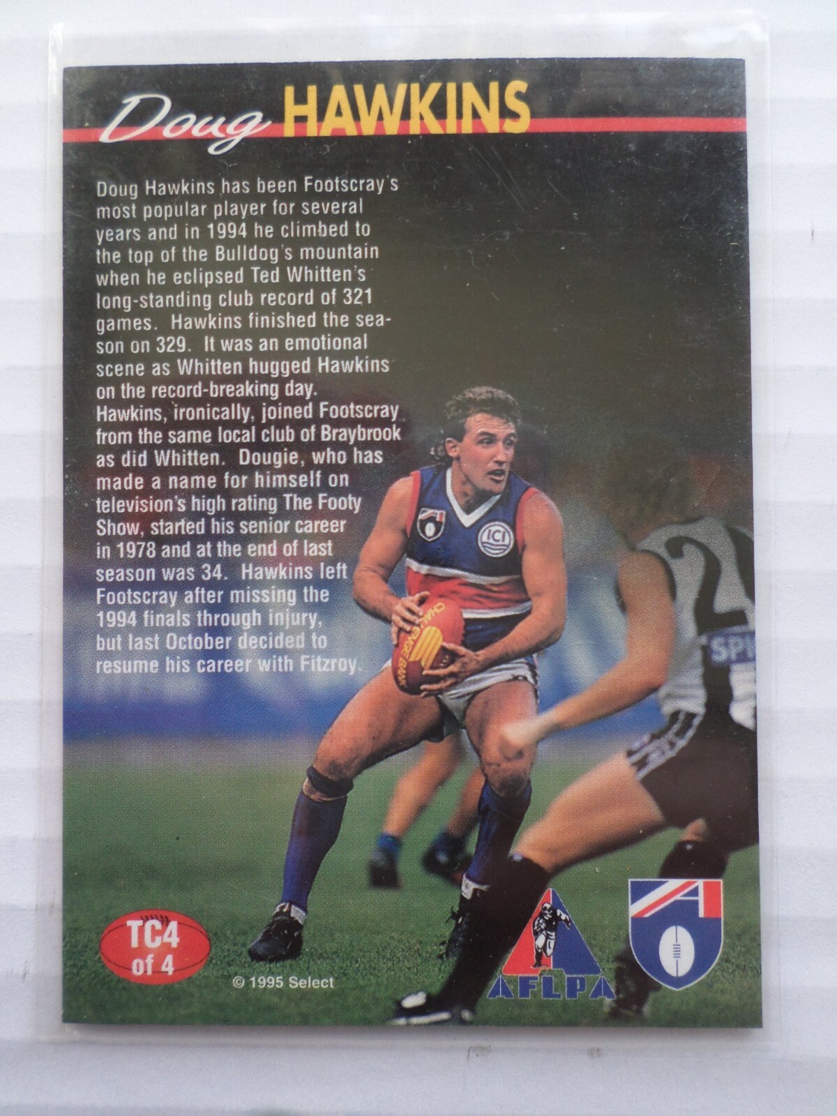 4-DOUG HAWKINS FOOTSCRAY BULLDOGS AFL CARDS FROM 1994 & 1995 BY SELECT ...