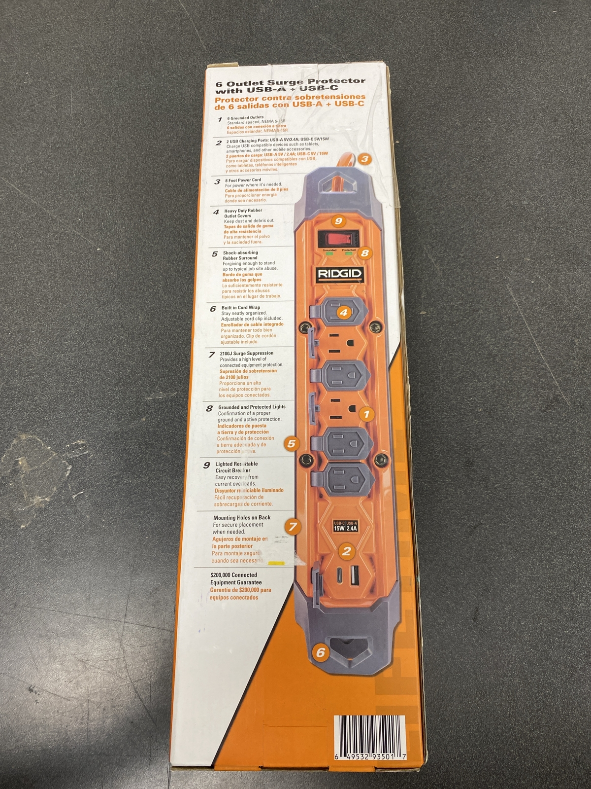 Ridgid RG608UC 8 ft. Cord Surge Protector with USB-A and USB-C for sale ...