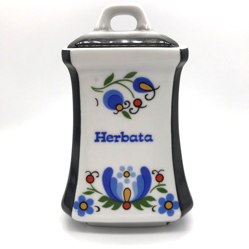 Lubiana Poland Herbata Blue & Black Folk Floral Ceramic Spice Container ...
