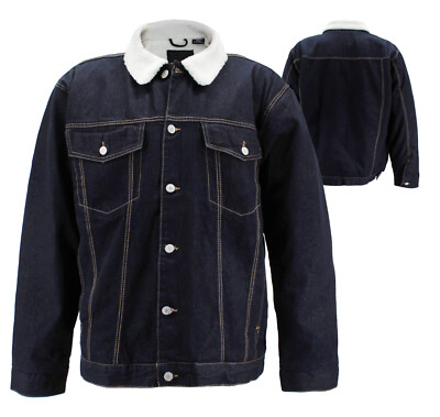 Men’s Cotton Denim Dark Blue Button Up Trucker Sherpa Lined Jean Jacket ...