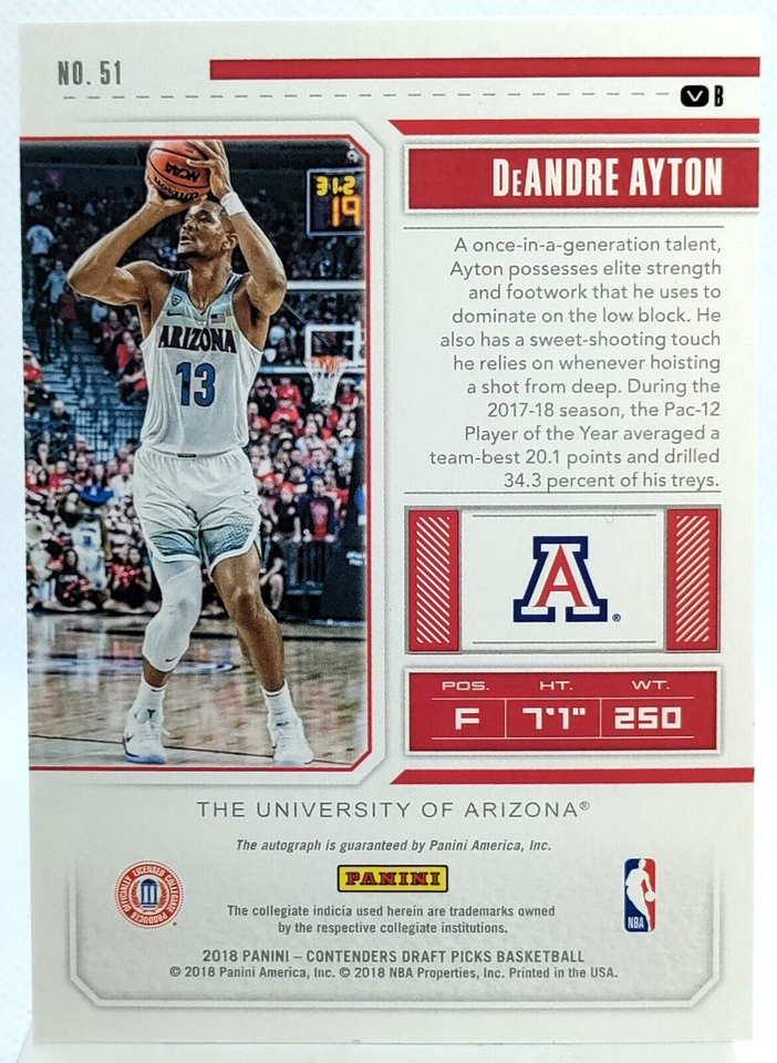 Deandre Ayton Rookie AUTO ON CARD 2018-19 Contenders College Ticket ...