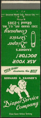 BABY vintage ~ DIAPER SERVICE CO. ~ matchbook cover KANSAS CITY, MO ...