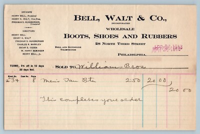 Ephemera BILLHEAD RECEIPT Bell Walt & Co Boots Shoes April 26 1913 ...