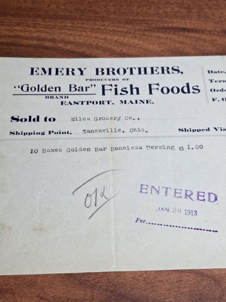 1913 Emory Brothers Golden Bar Fish Foods Eastport Maine Receipt ...