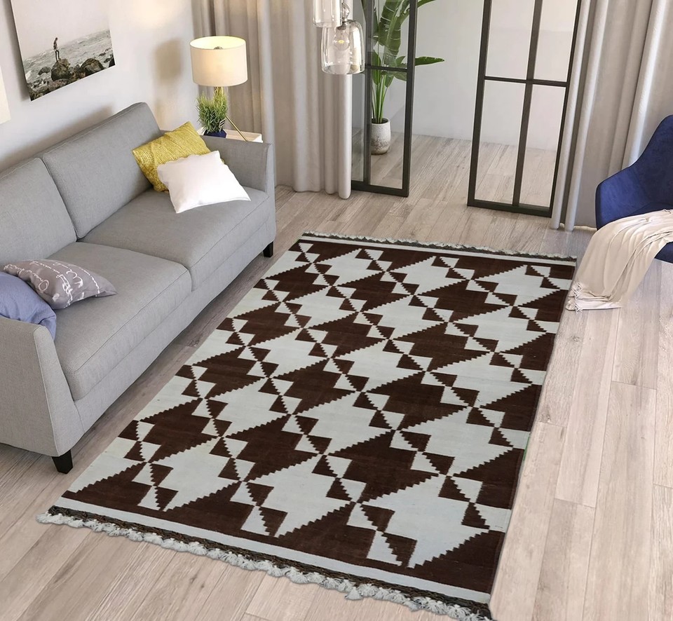 Hand Knotted Cotton Dhurrie Kilim Rug Color Brown and White Design ...