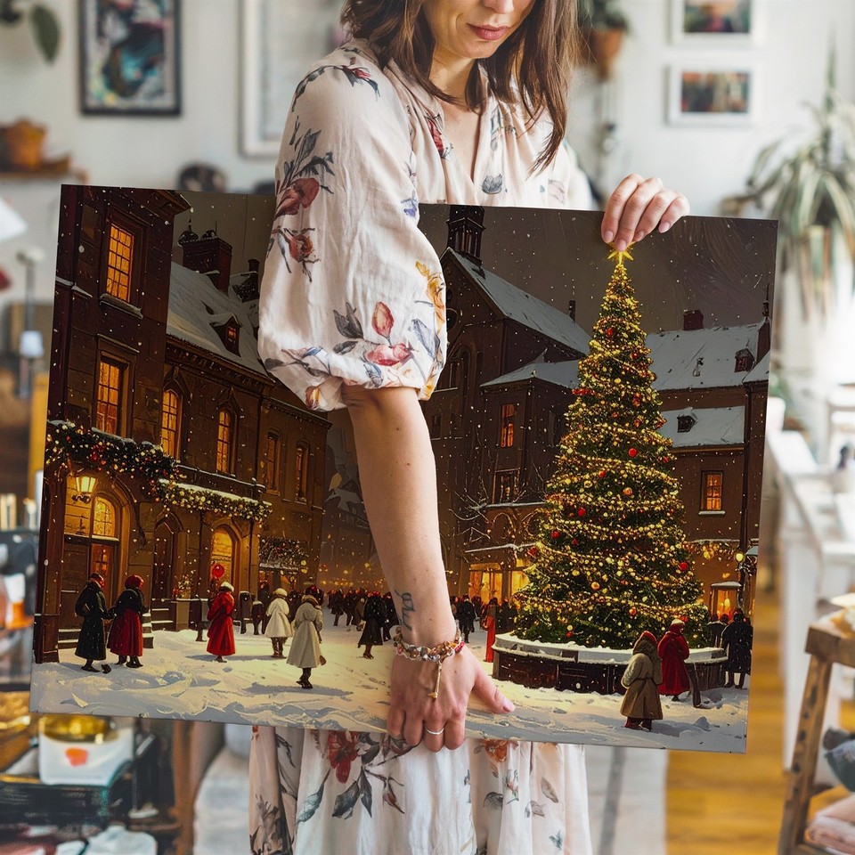 Wall Art Christmas Market Square Canvas Festive Snowy Town With Tree ...