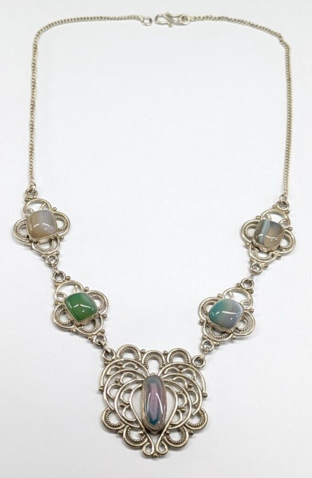 Multi Color Banded Agate Stone Openwork Silver Tone Pendant Statement ...