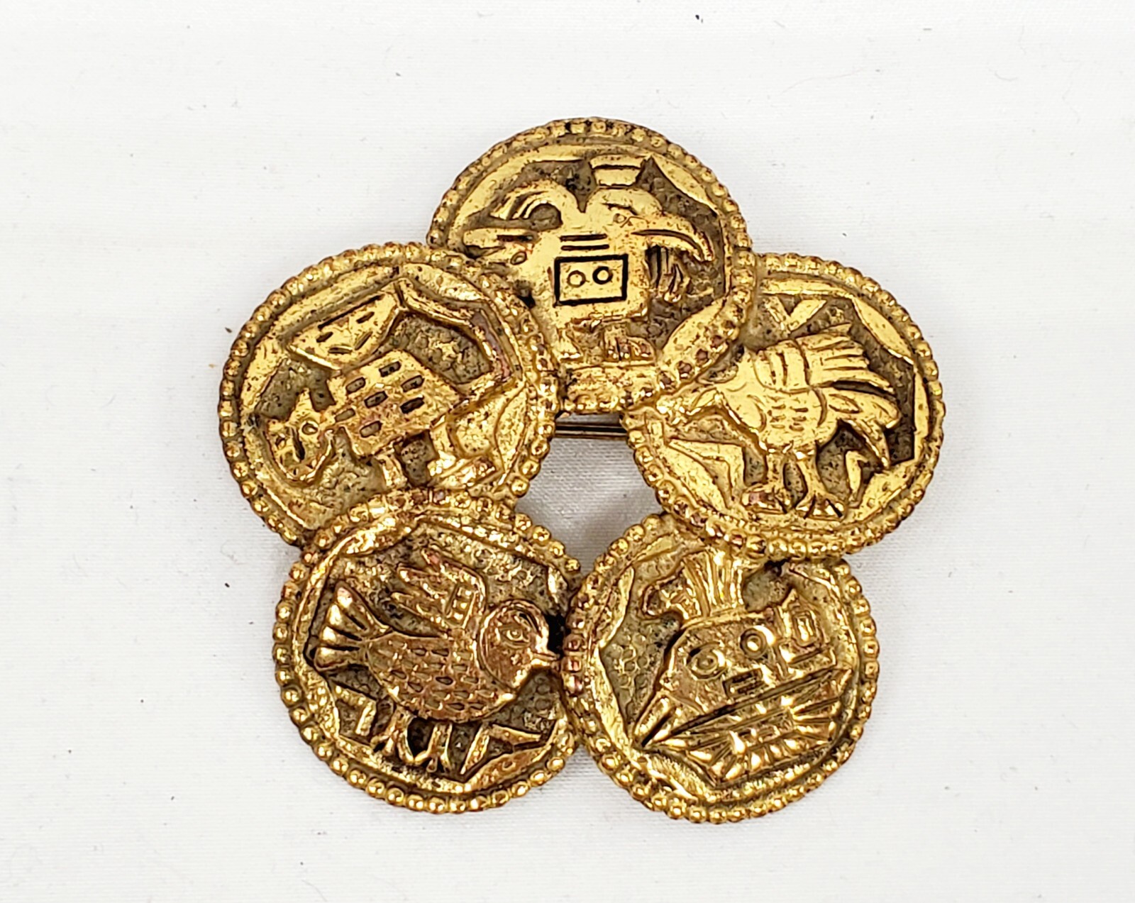 Vintage Signed PERUVIAN ART Figural INCA BIRD & ANIMAL 2-1/4”Circular ...