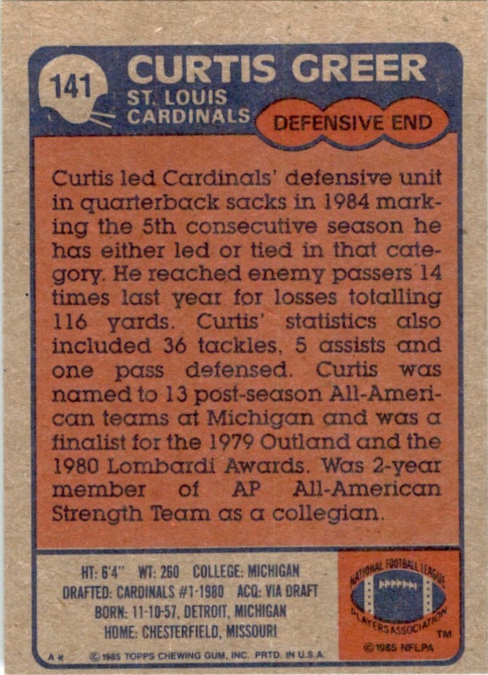 1985 TOPPS CURTIS GREER ST. LOUIS CARDINALS #141 | eBay