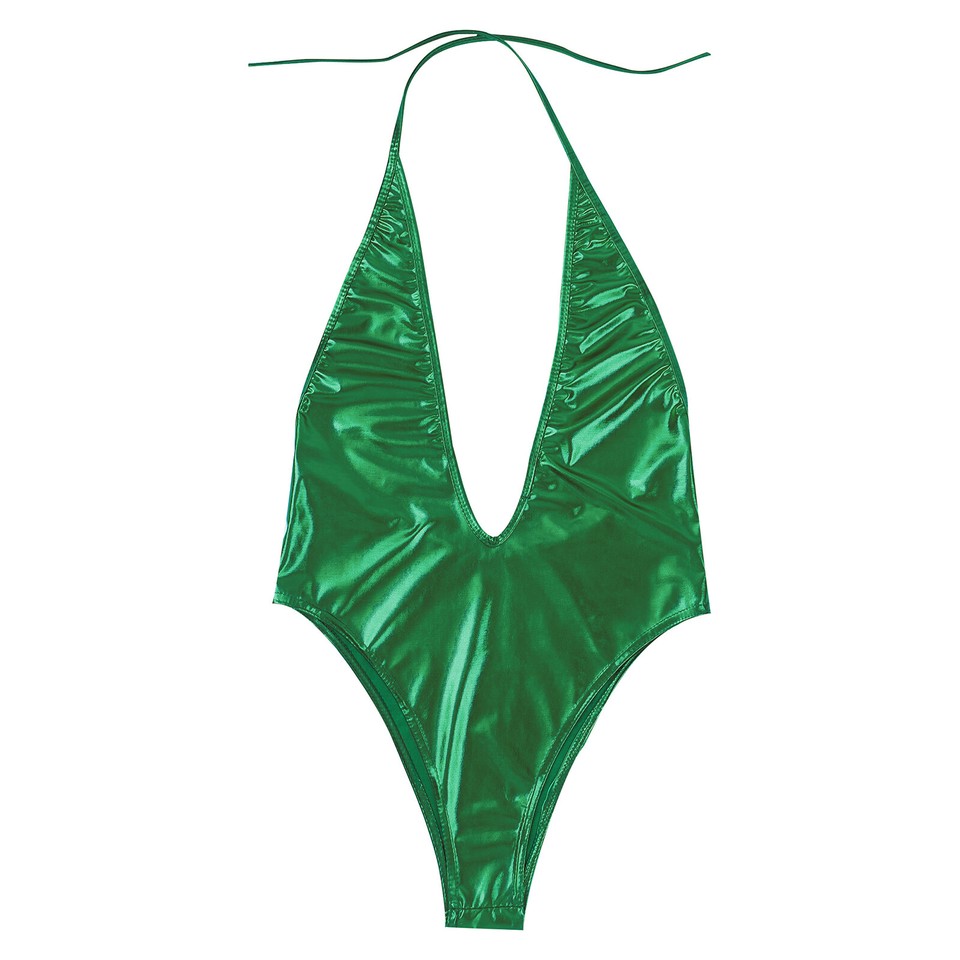 Women's Shiny Metallic Monokini Deep V Neck Backless High Cut Bodysuit ...