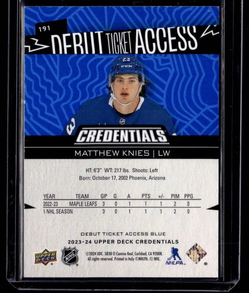 MATTHEW KNIES 2023-24 UPPER DECK CREDENTIALS BLUE DEBUT TICKET ACCESS ...