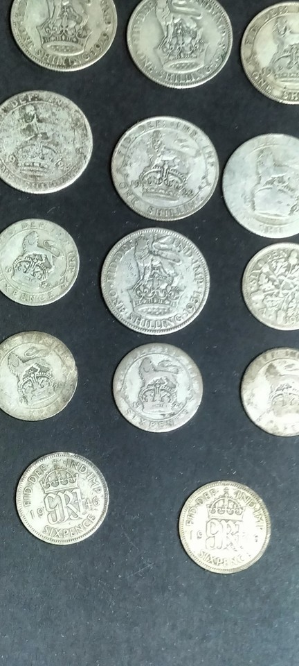 SMALL COIN COLLECTION . Six Pence,Shilling,Half Crown,Florin.Old Coins ...