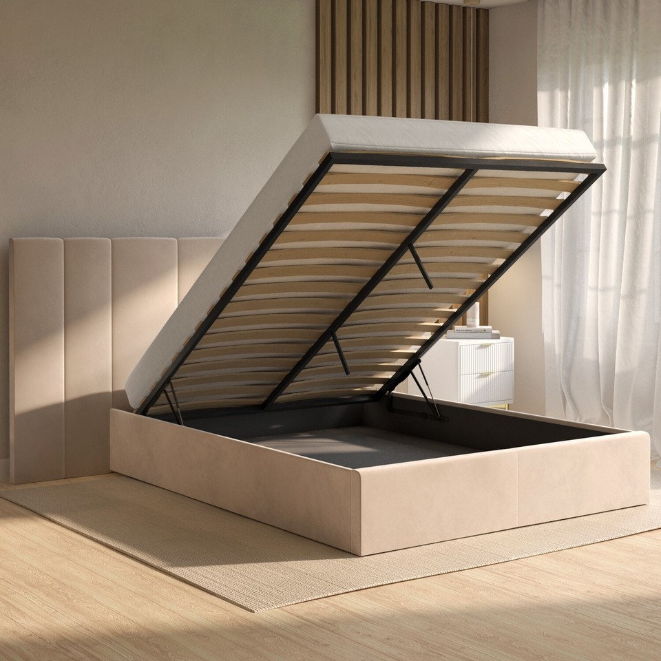 Beige Velvet Double Ottoman Bed with Wide Headboard - Iman IMN001D ...