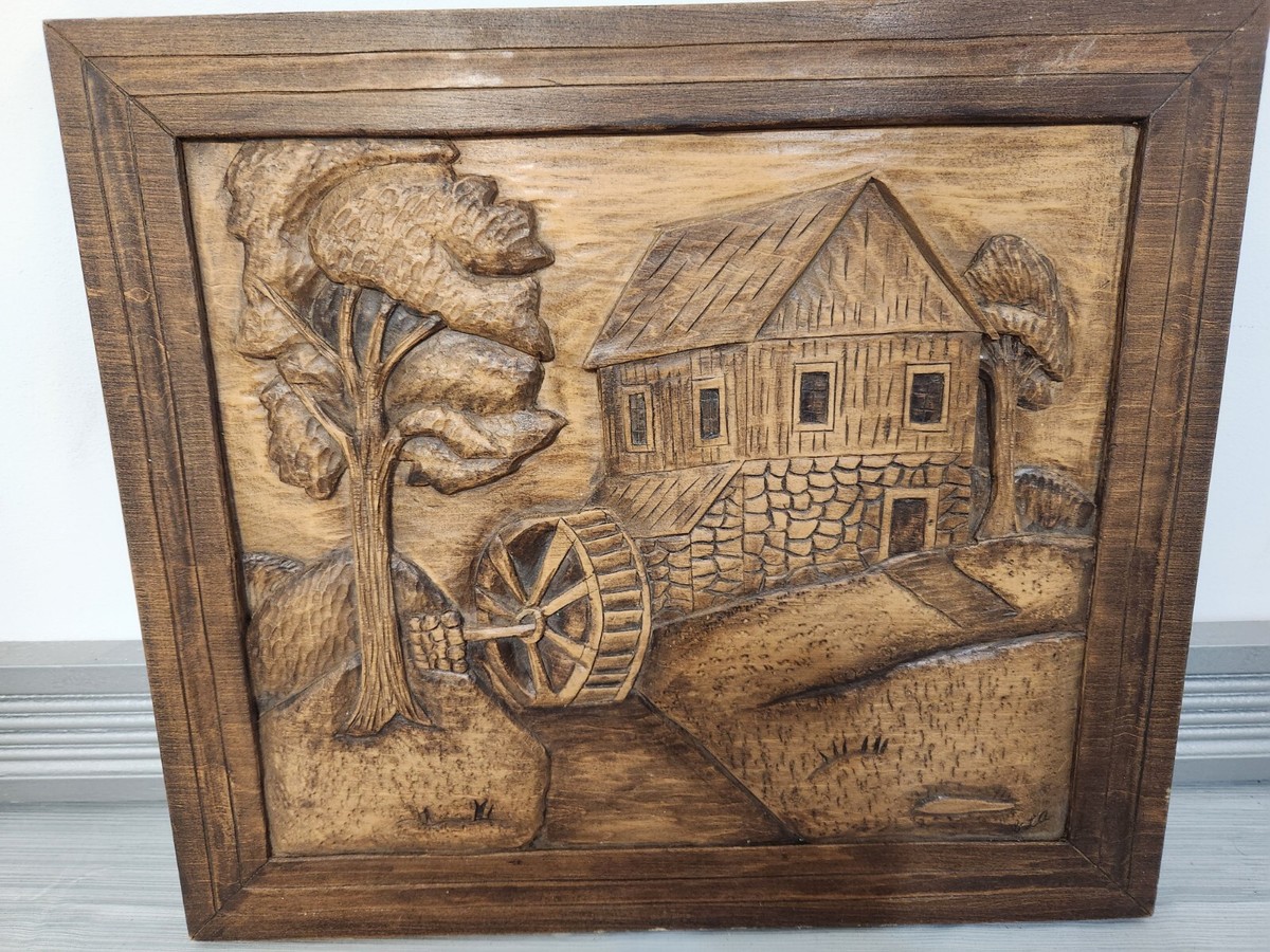 Landscape Relief Carving VINTAGE HAND CARVED Wood Art Covered Bridge