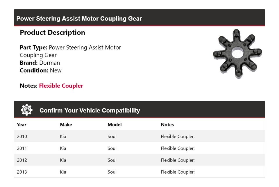 For 2010-2013 Kia Soul Dorman Power Steering Assist Motor Coupling Gear ...