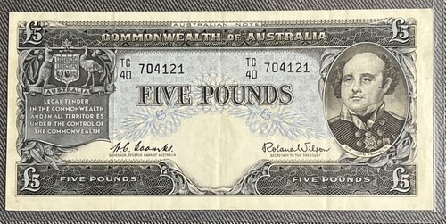 1960 AUSTRALIA QEII £5 POUNDS BANKNOTE RESERVE BANK ISSUE PREFIX TC40 ...