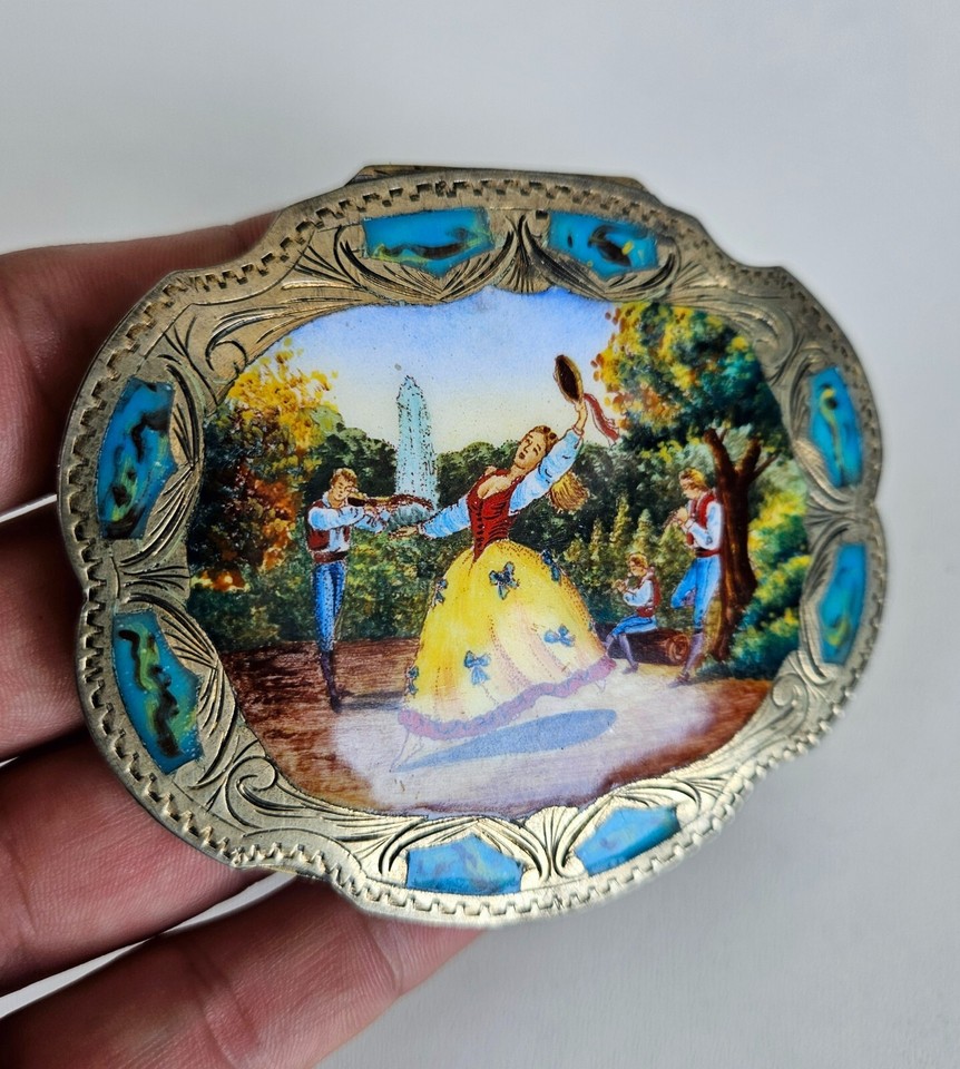 Antique Italian 800 Sterling Silver Compact Pastoral Scene Enamel ...