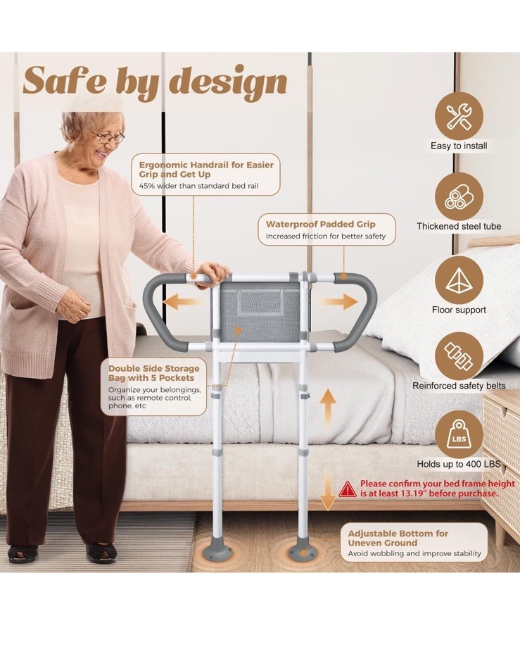 Bedside Rail for Elderly Safety Adjustable Bed Aid with Storage Pocket ...