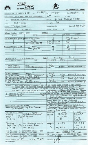 Rare 1993 STAR TREK: TNG call sheet "SUSPICIONS" Mar 5th Blue Cliff Bole TV | eBay
