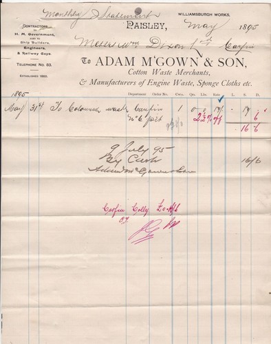 Adam M'Gown & Son Paisley Cotton Waste Merchants 1895 Paid Cash Invoice ...