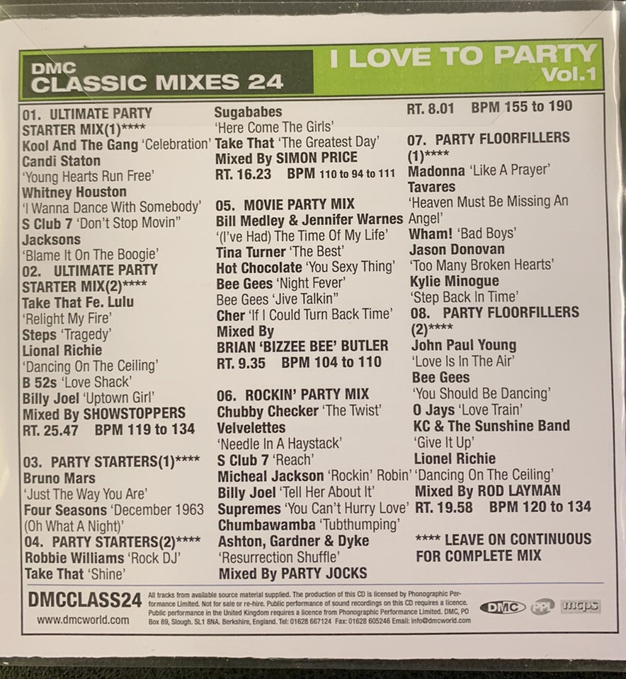 DMC Classic Mixes - I Love Party Volume 1 (CLASS24) - CD For DJ Use ...