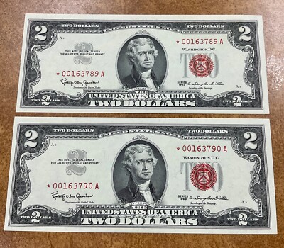 2 CONSECUTIVE 1963 $2 *STAR* notes, UNITED STATES NOTE GEM UNCIRCULATED ...
