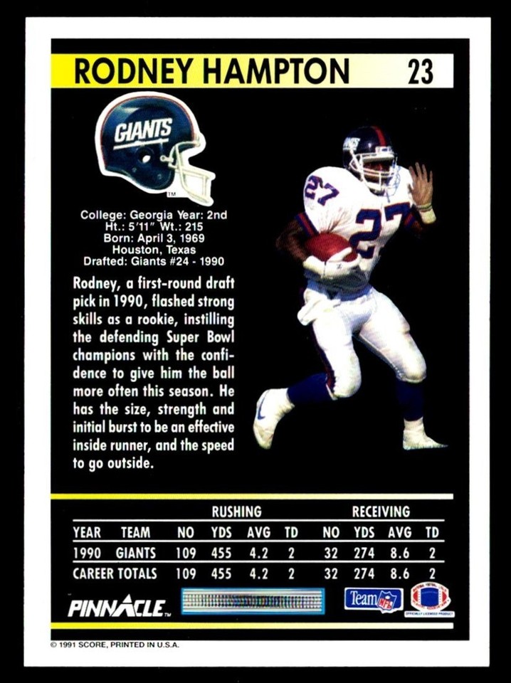 1991 PINNACLE #23 RODNEY HAMPTON - NEW YORK GIANTS - *02 | eBay