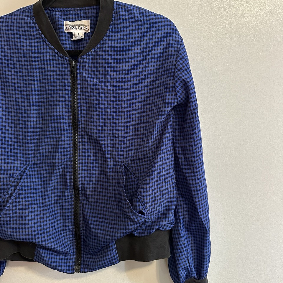 Vintage Blue French Tweed Houndstooth Bomber Zip Jacket Sz S | eBay UK