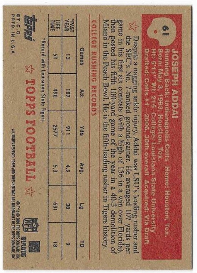 JOSEPH ADDAI 2006 Topps Heritage Football RC # 61 Colts Rookie SP NM ...