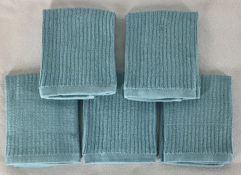 5 Ribbed Dew Blue Green COTTON Bar Mop Rags Dish Cloths Kitchen Towels ...