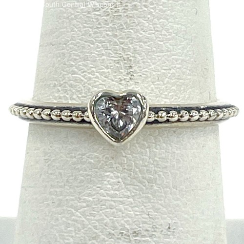 Sterling Silver Pandora Dainty Sweet Beaded Heart CZ Stone Ring Size 6. ...