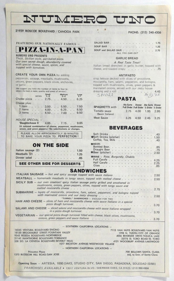 1978 Vintage Take-Out Menu NUMERO UNO PIZZERIA Italian Restaurant ...